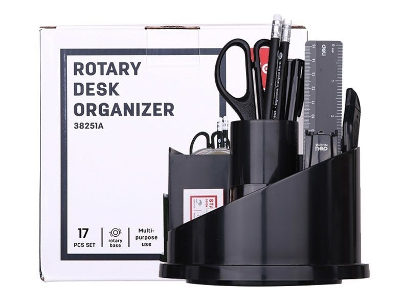 Deli 38251A Rotary Desk Organizer Set of 17 Pcs Black